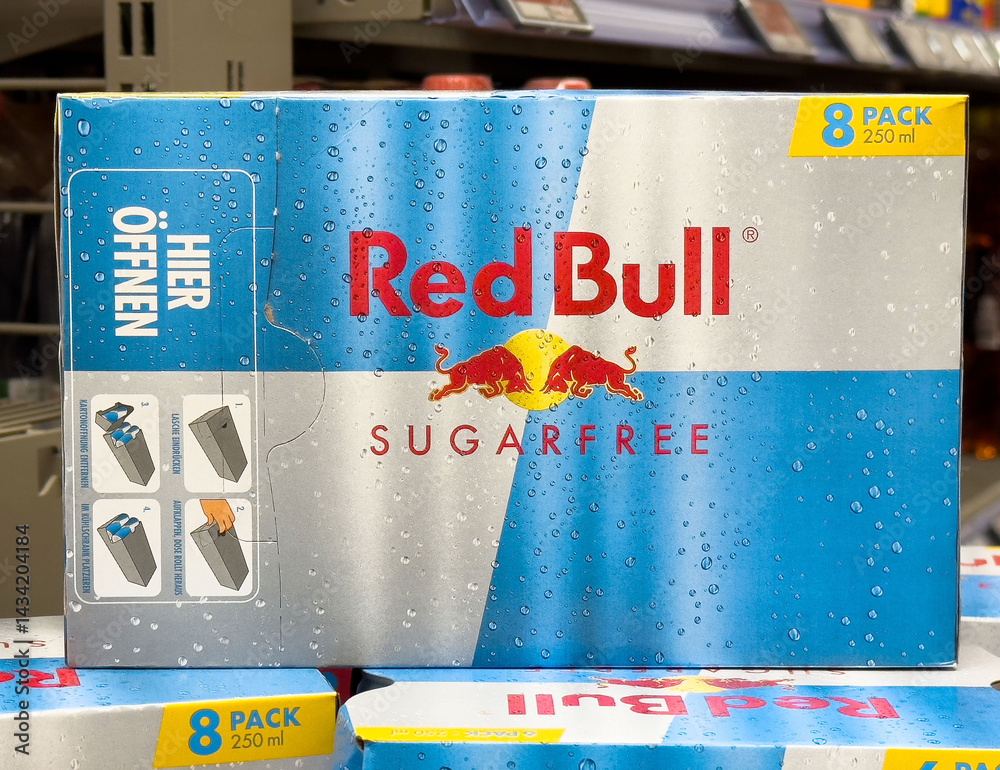 Red bull energy drink pack sugar-free beverage packaging store display ...