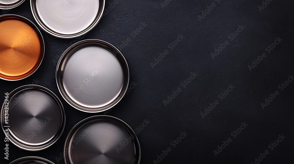 Round Metallic Plates on Dark Surface: Modern Minimalist Background ...