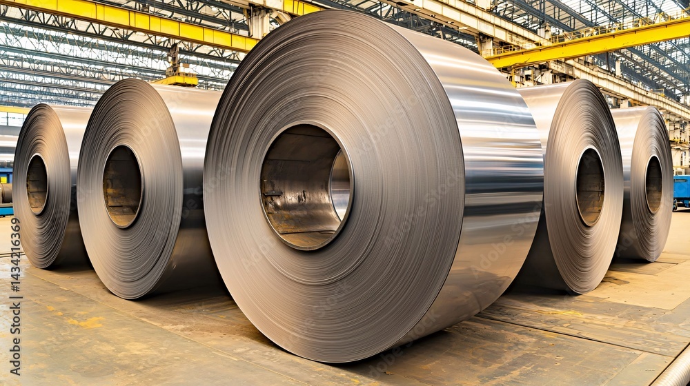 view of massive steel coils aligned symmetrically in a manufacturing ...