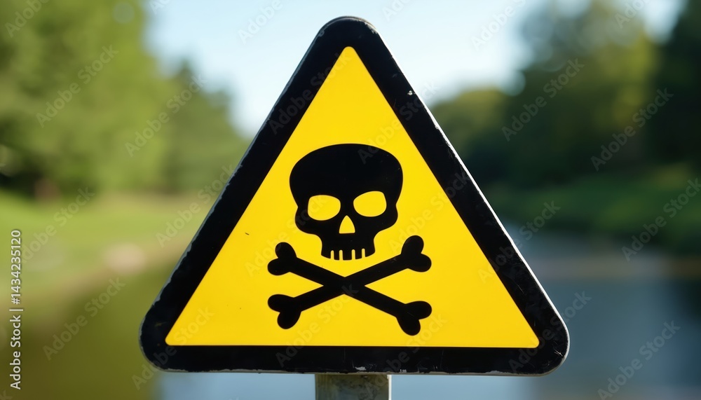Triangular yellow poison warning sign, black skull, crossbones. Sign ...