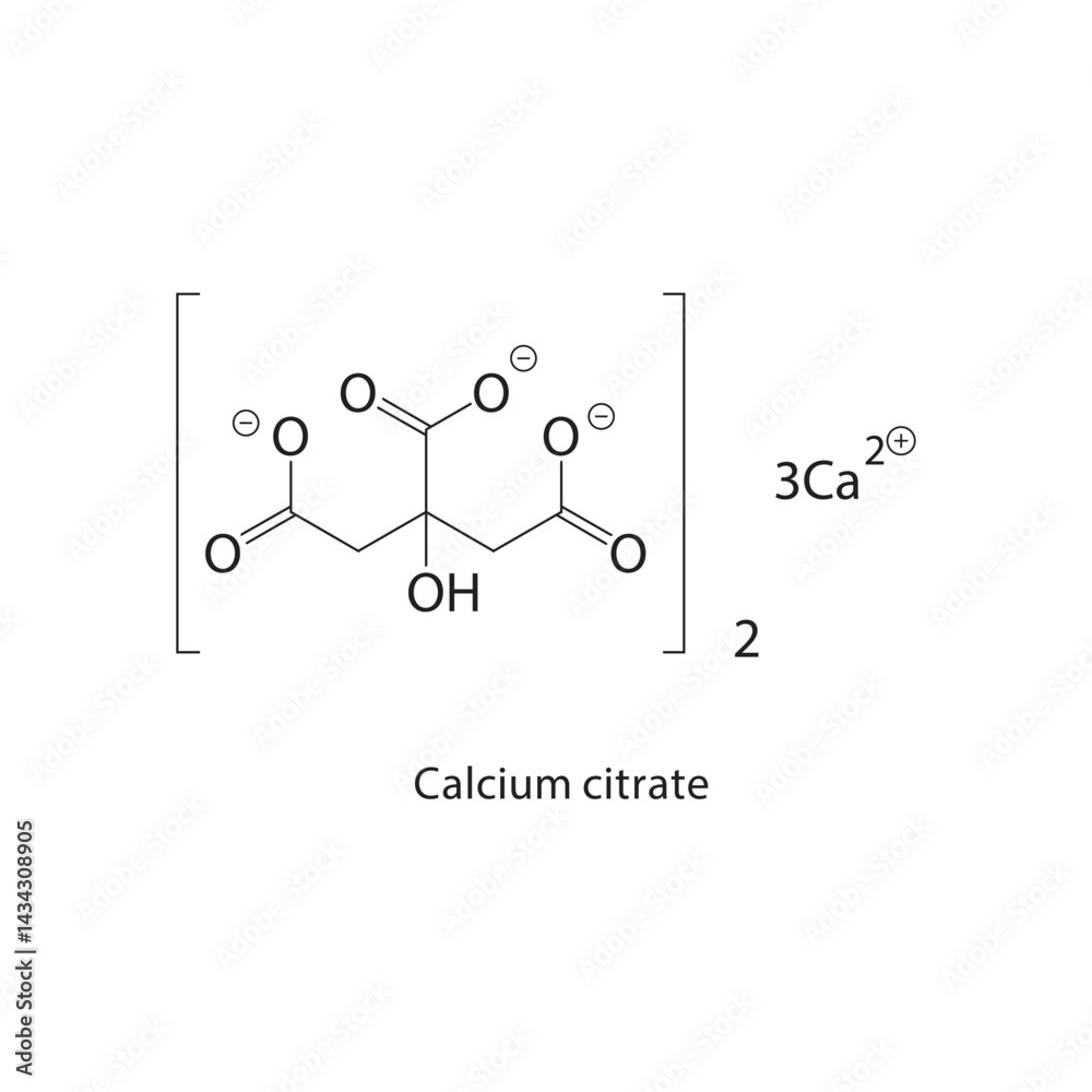 Calcium citrate skeletal structure. Calcium salt compound schematic ...