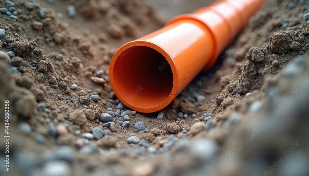 Orange plastic pipe in construction trench. Gravel, soil around ...