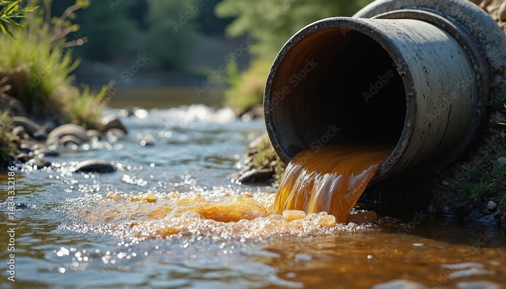 Polluted water flows from industrial pipe into natural stream ...