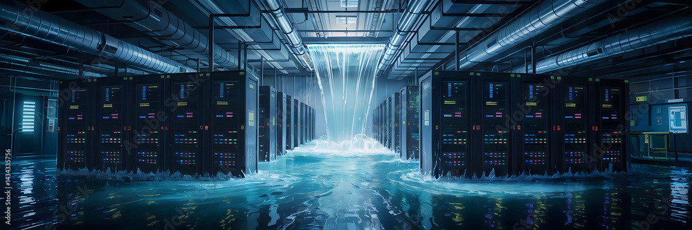 Futuristic Data Center with Surreal Digital Waterfall Representing Data Flow and AI Power in a ...