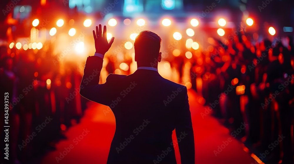 Celebrity A welldressed celebrity waving at fans on a red carpet close ...