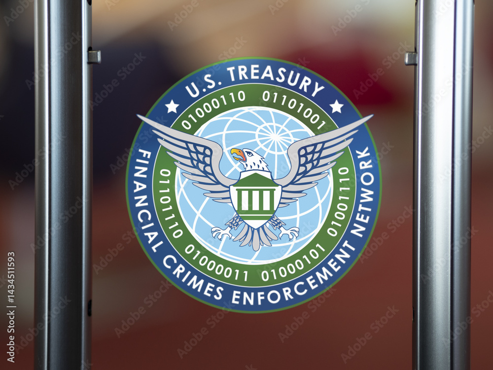 FinCen, US Treasury Financial Crimes Enforcement Network emblem, on a ...