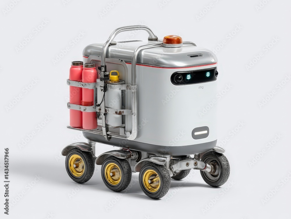 Compact compact delivery robotic cart with a metallic finish and fire ...