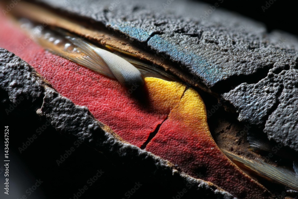 Abstract organic texture close-up shows red, yellow, brown, gray and ...