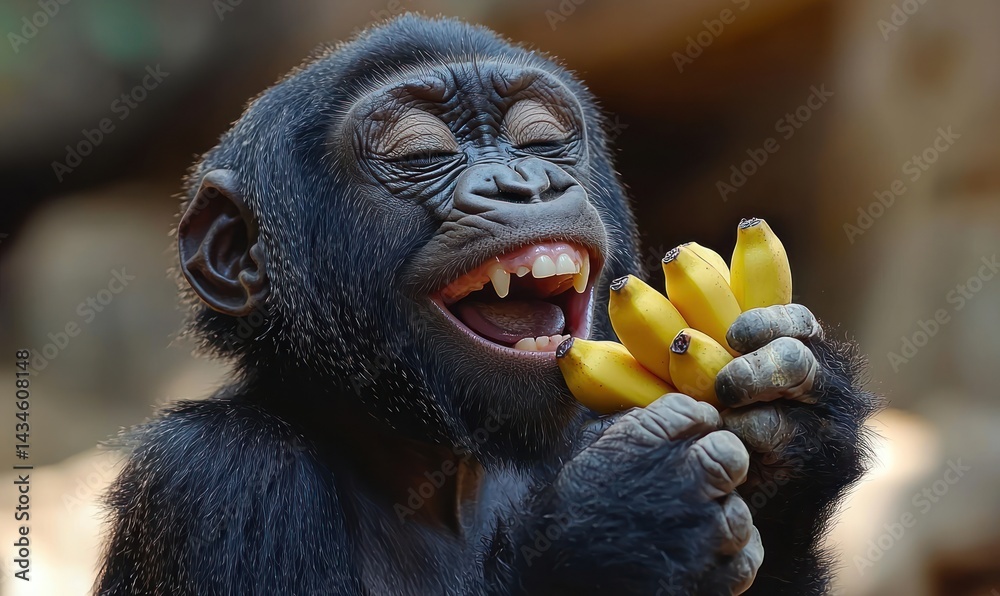 A young primate happily eating a bunch of bananas, its mouth wide open ...