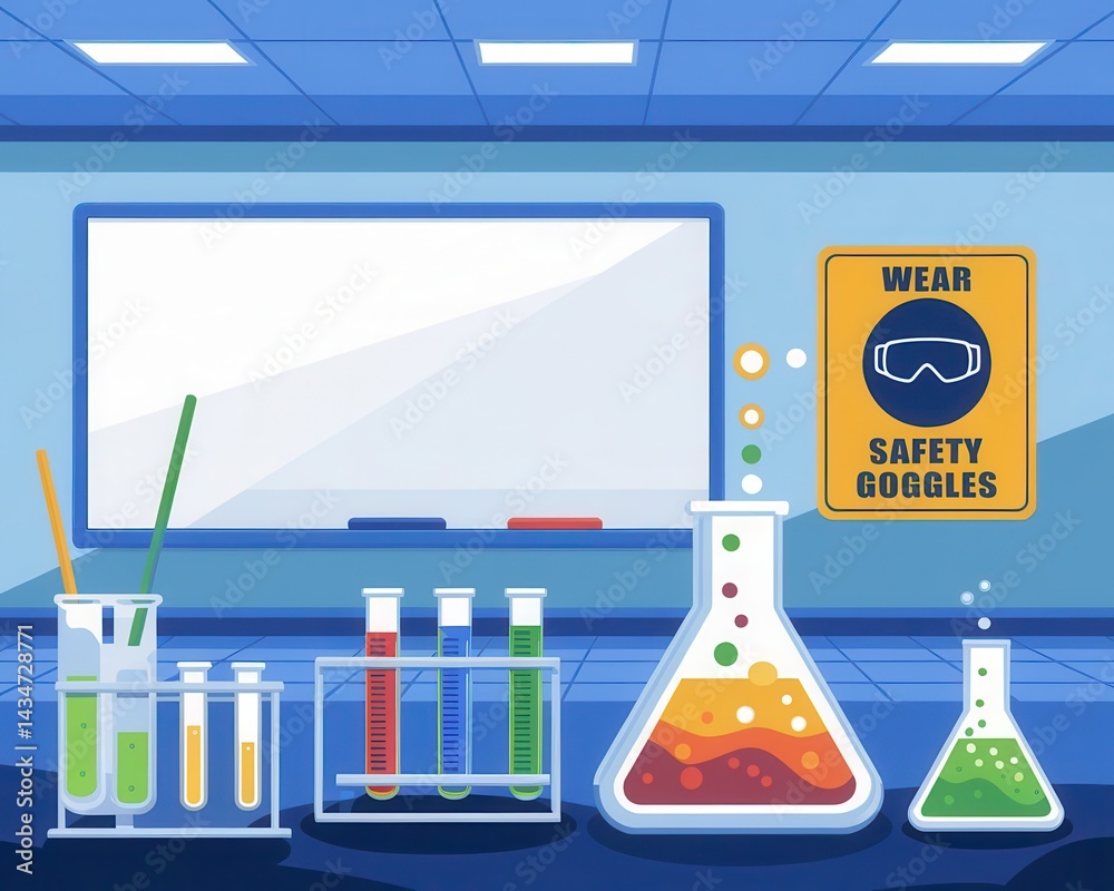 Illustrated Science Laboratory Setup with Equipment and Safety Signage ...
