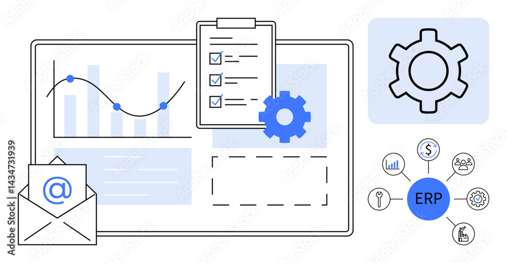 Dashboard featuring charts, task checklist, email, and gear for process ...