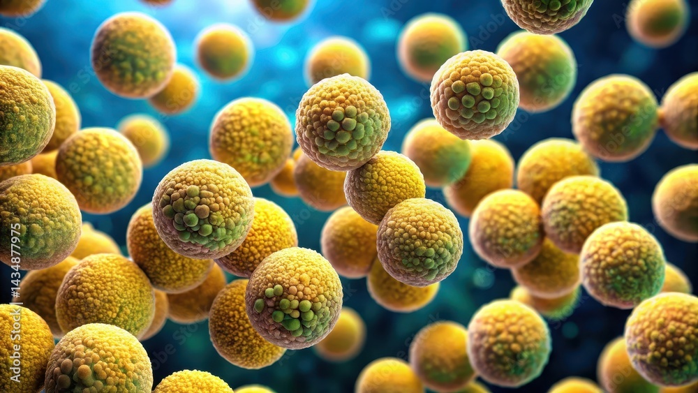 Cluster of spherical Staphylococcus aureus bacteria magnified under a ...