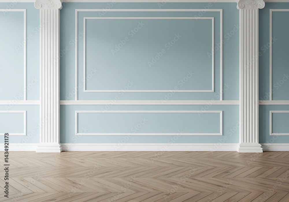 Interior of a room with light blue walls white trim and columns and a ...