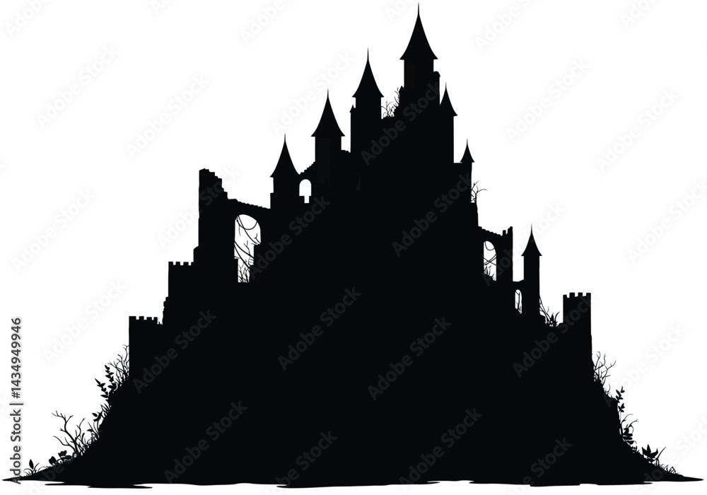 Tangled castle silhouette. This image shows a black silhouette of a ...