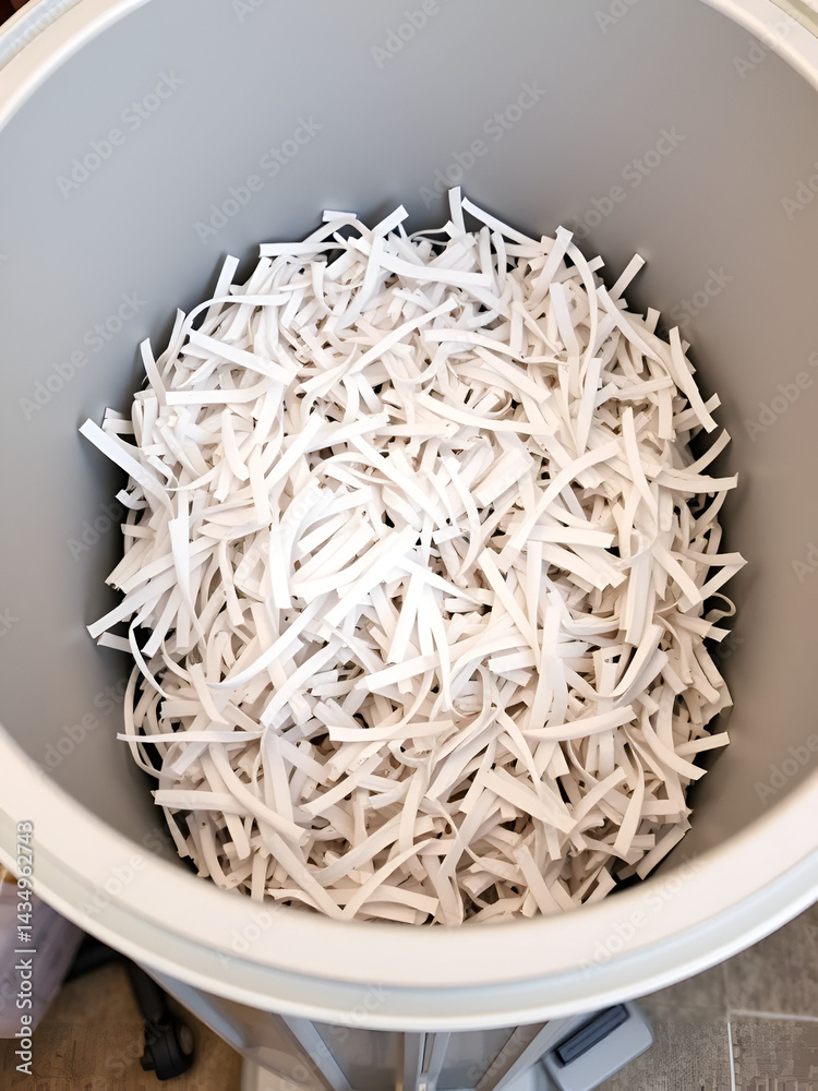 Pile of shredded paper documents in a waste bin container. Printing ...