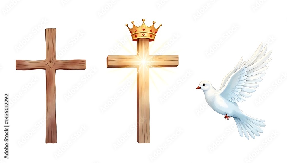 Holy Trinity symbols. Cross, crown and dove of Holy Spirit. Watercolor ...