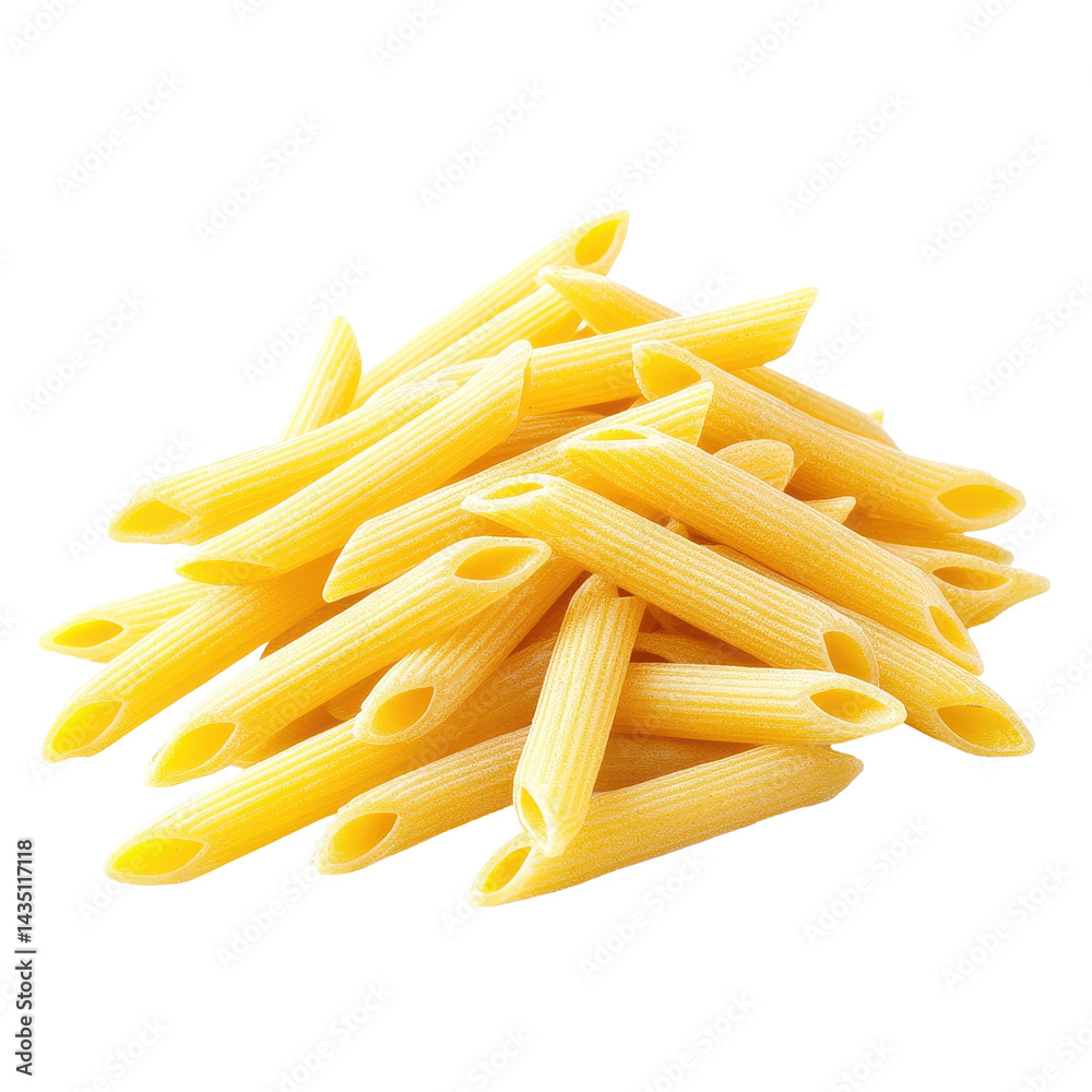 Penne pasta displayed in a creative arrangement on a clean Transparent ...