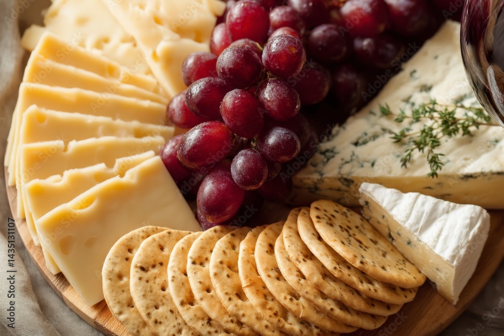 farmhouse cheese board, highlighting the creamy veins in blue cheese ...