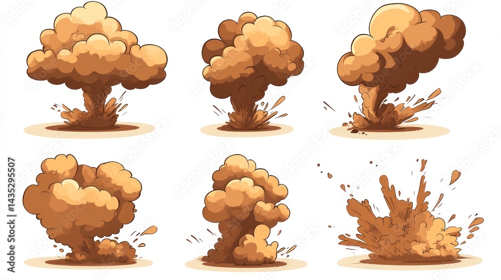 Cartoon explosion effects, various stages of a brown dust explosion ...