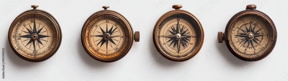 Four antique compasses aligned, showcasing aged brass casings and ...