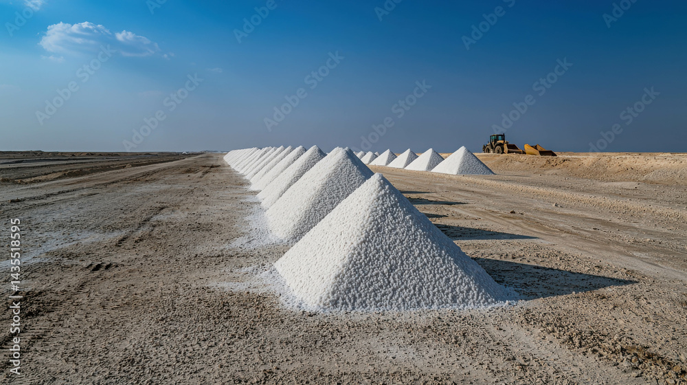 Salt pyramids in a vast desert landscape under a clear blue sky with dramatic cloud formations ...