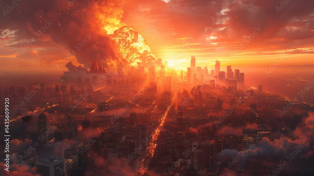 Giant explosion in the distance of a futuristic city, flames reflecting ...