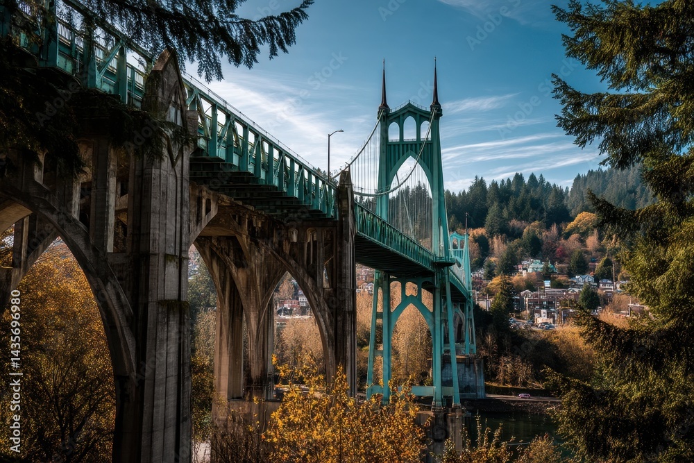 Iconic St Johns Bridge: Gothic Architecture in Green, Spanning the ...
