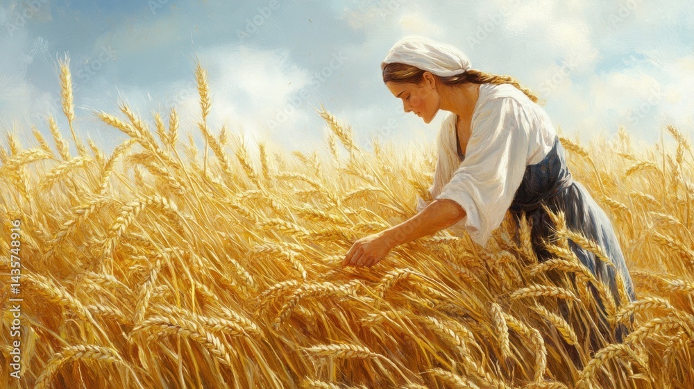 Ruth gleaning wheat in Boazâ€™s field, with the golden harvest surrounding her. Stock ...