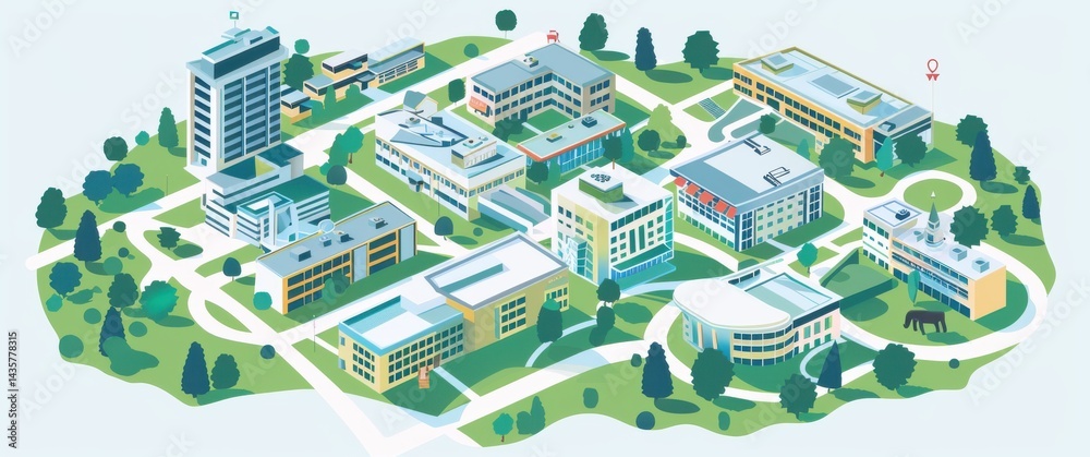 Flat design university campus map simplified buildings geometric ...