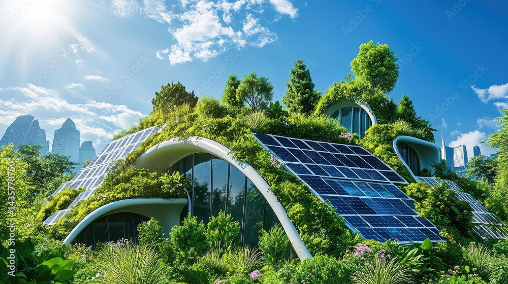 Energy-efficient futuristic building design with solar windows and ...
