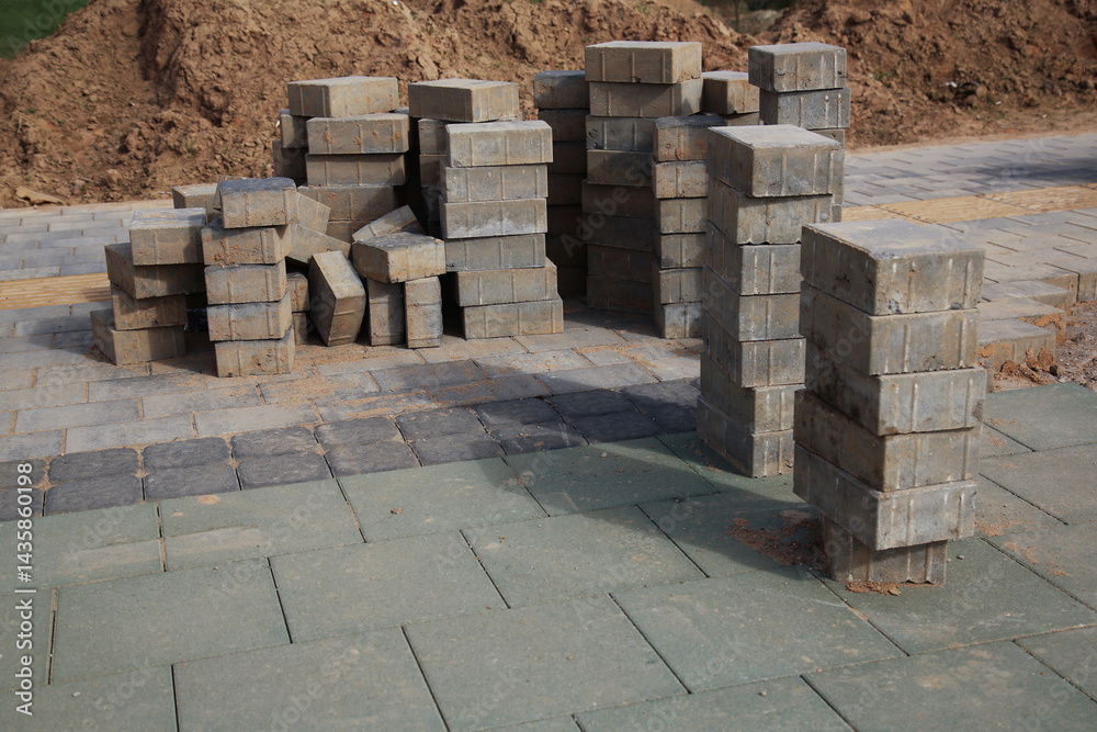 Road work. Buildings under construction. Construction site. Paving ...