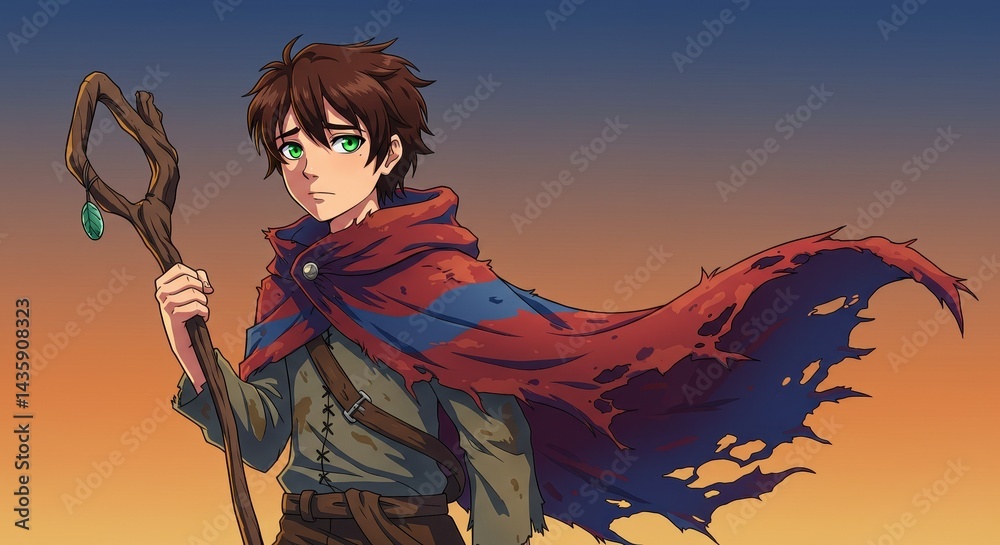 Animated young male character with a staff, against sunset colors, for ...