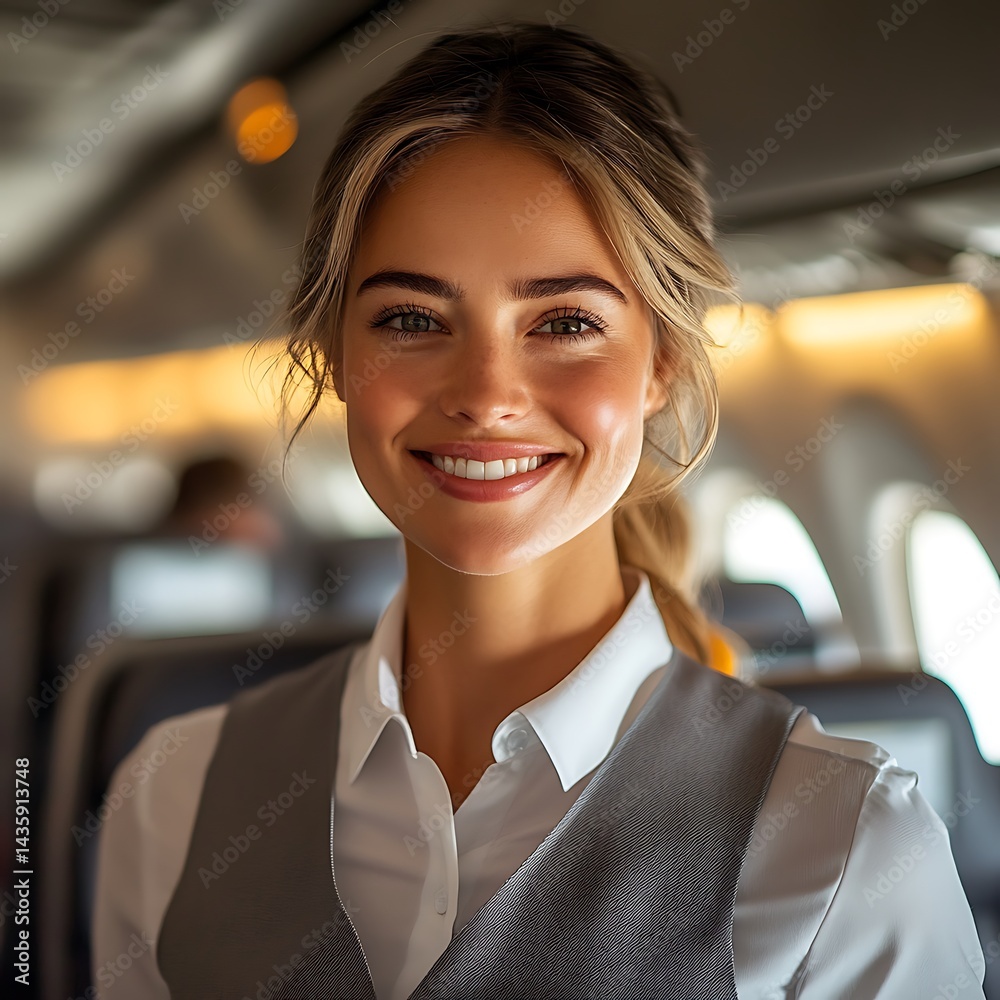 Smiling Flight Attendant in Airplane Cabin. A portrait of a happy ...