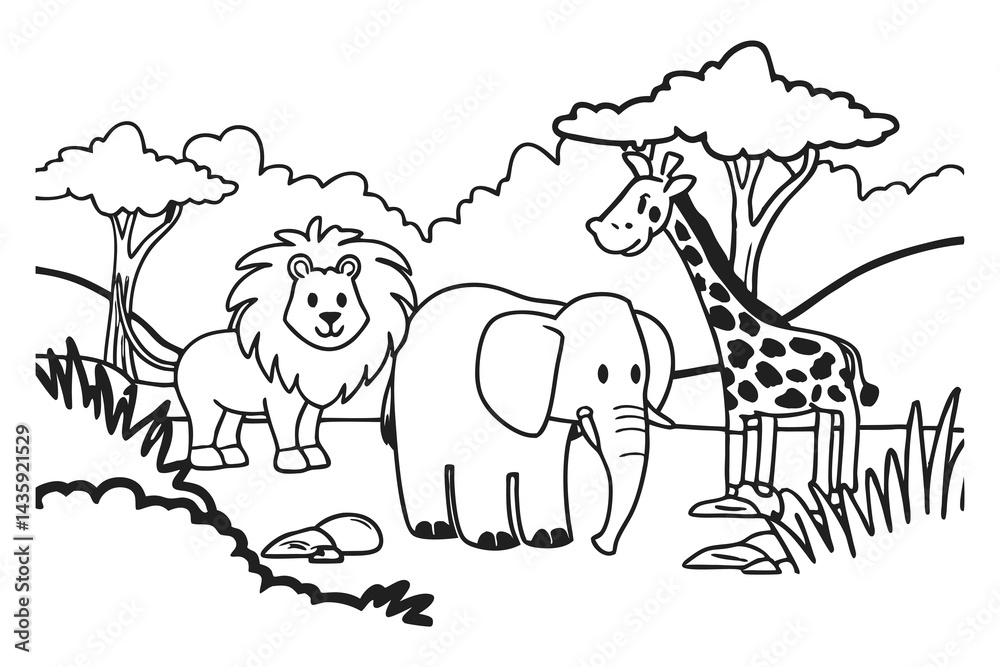 Cute Safari Animals Coloring Page, Hand Drawn Lion Elephant Giraffe ...