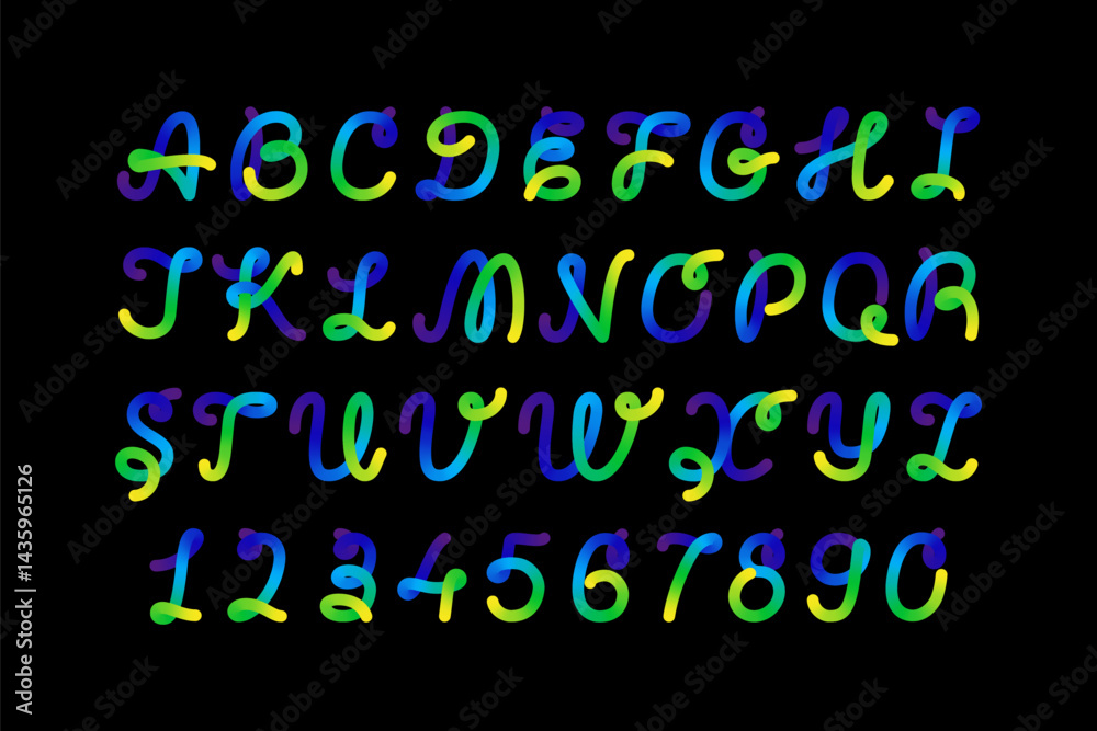 Blue font and numbers letter alphabet. Cursive typography, colored ...