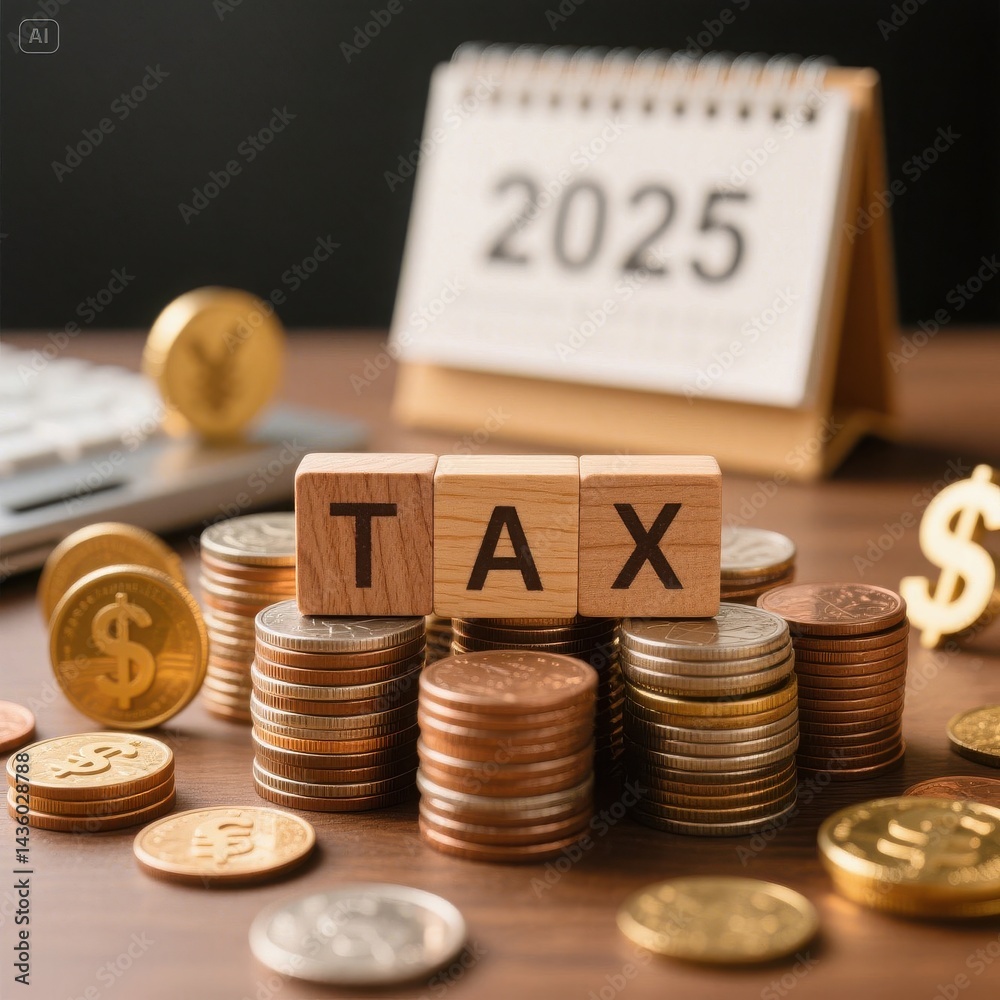 Foto de Stock 2025 Calendar and Word Tax on coin. Business tax ...