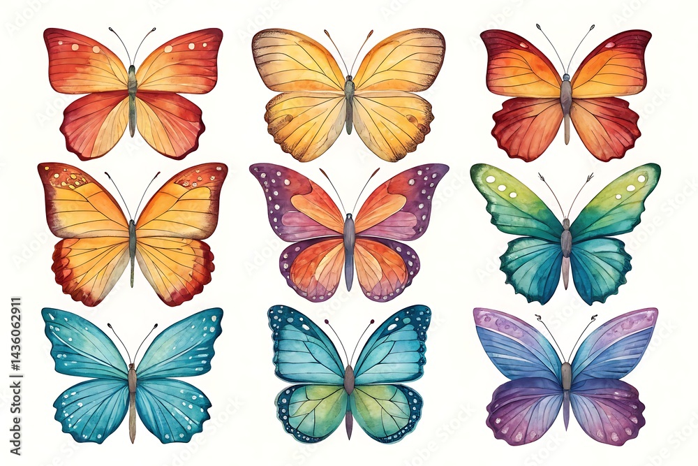 Nine Butterflies: A vibrant watercolor showcases a captivating ...
