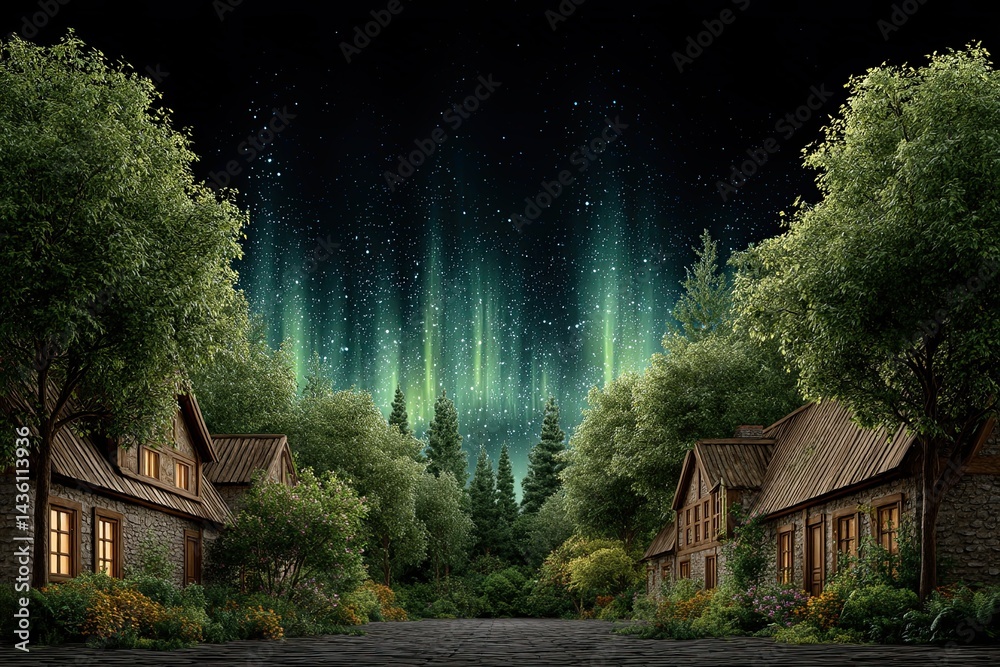 Illustration Stock Fantasy forest tiny village under giant trees ...