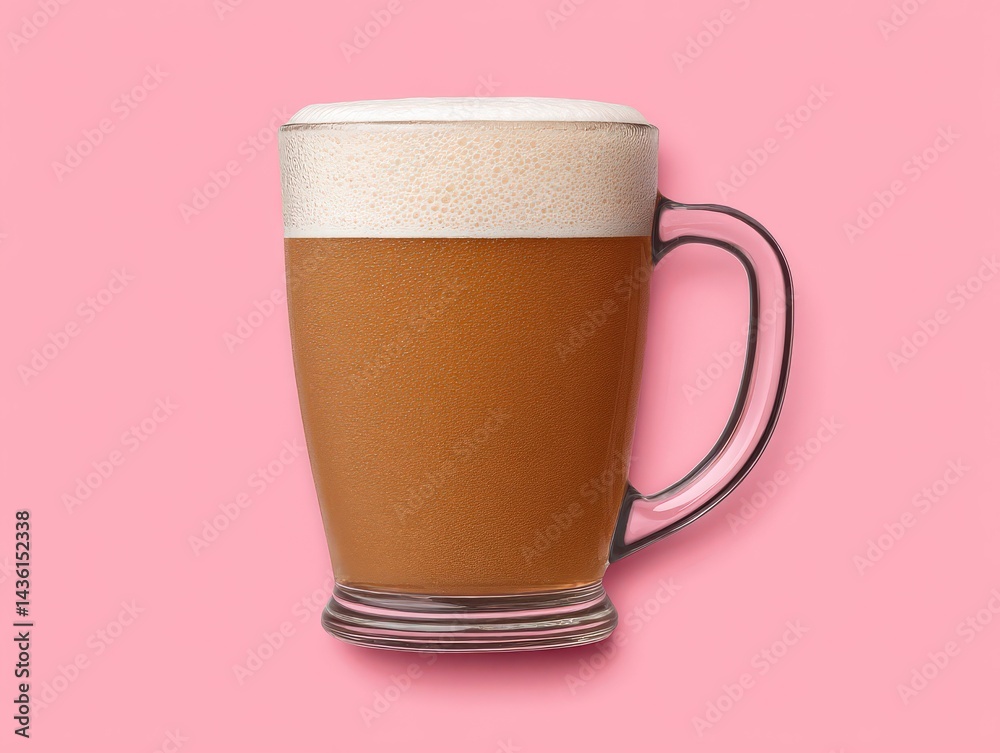 Foamy latte in a clear mug against bright pink background highlighting ...