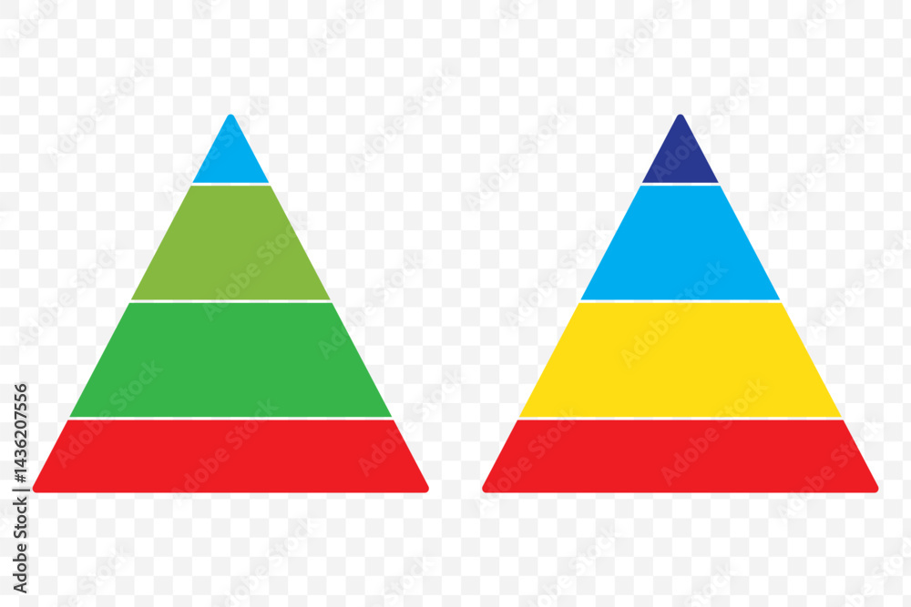 Pyramid infographic blue set. Triangle hierarchy data segments collection on white background ...