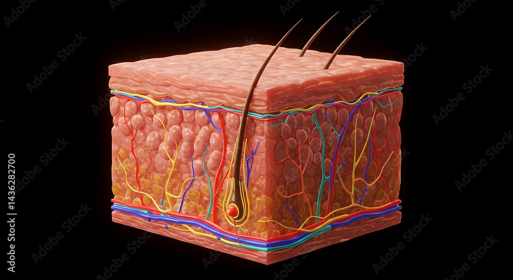 Detailed cross-section of human skin displaying epidermis, dermis, and ...