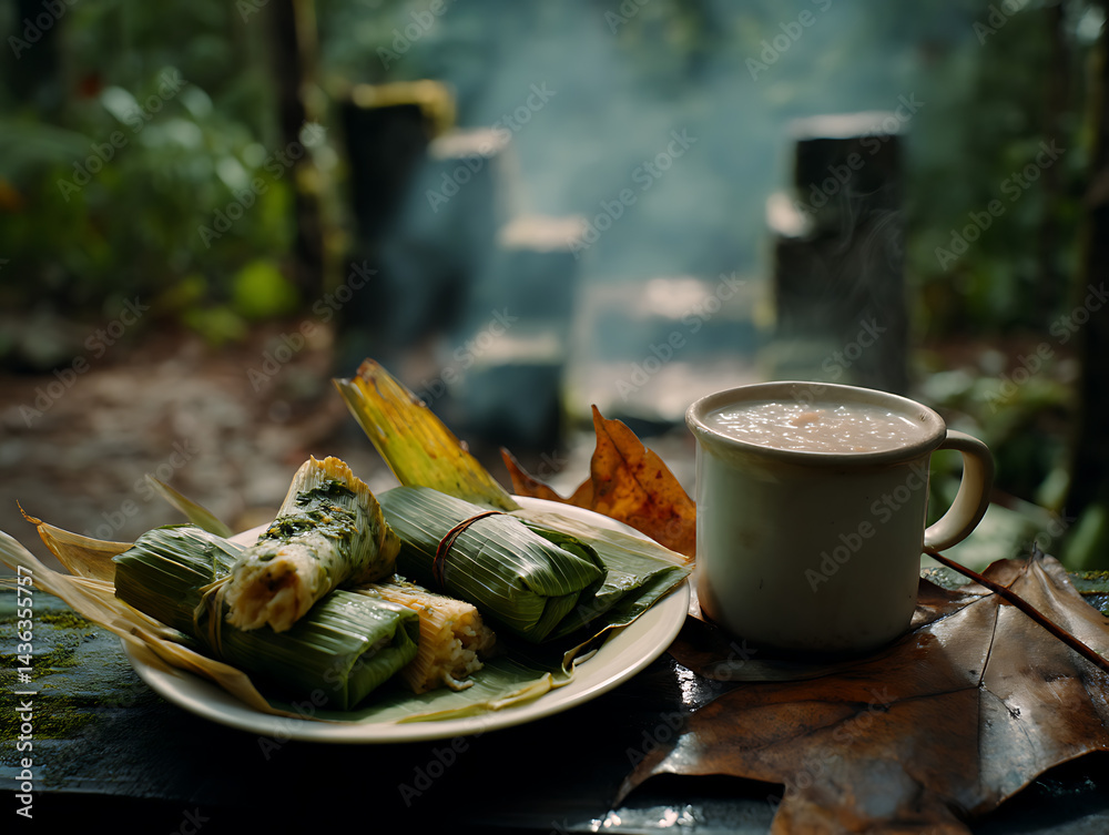 A plate of Maya Atole and Tamales de Chaya maize porridge served ...