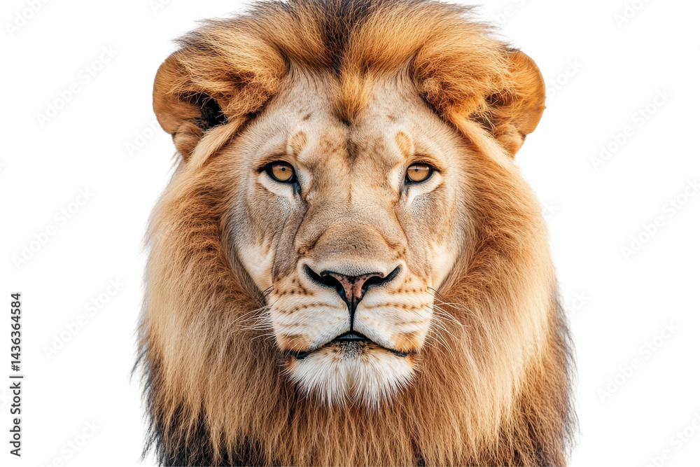 Front facing lion head image shows raw power and regal presence on pure ...