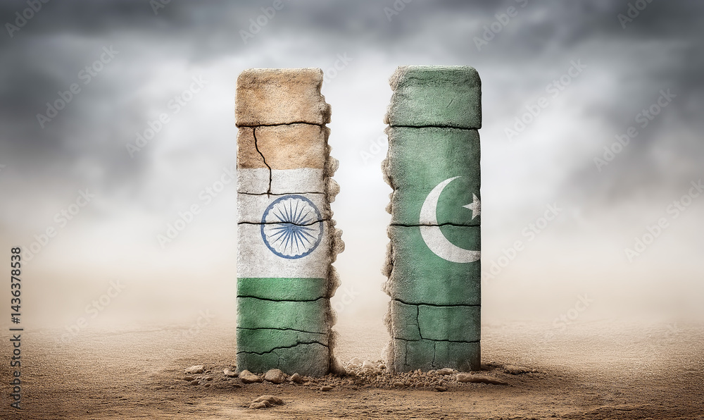 Border pillars painted in the colors of the flags of India and Pakistan ...