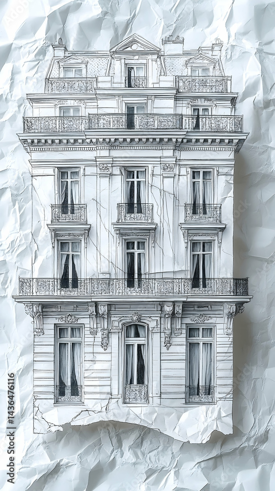 Sketch of an elegant multi-story building with ornate details balconies ...