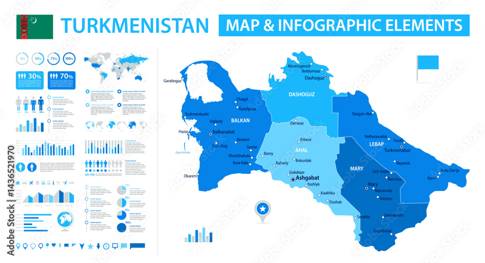 Turkmenistan Infographic Map with Data Visualization Elements - Vector ...