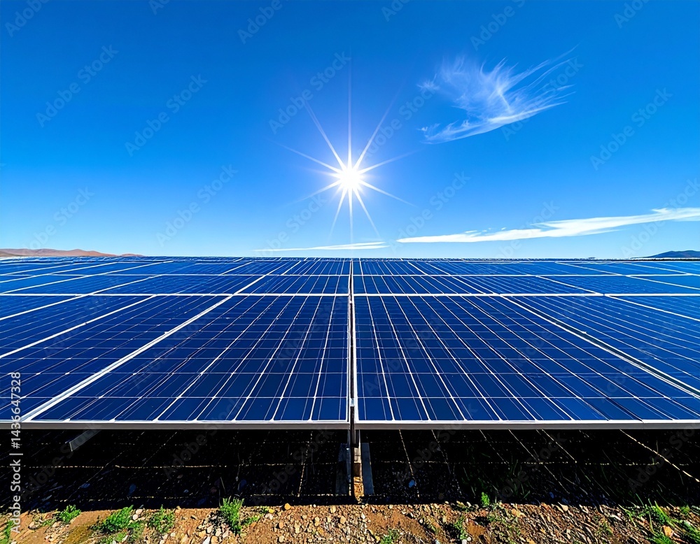 Large solar panel farm under bright blue sky, sustainable energy ...