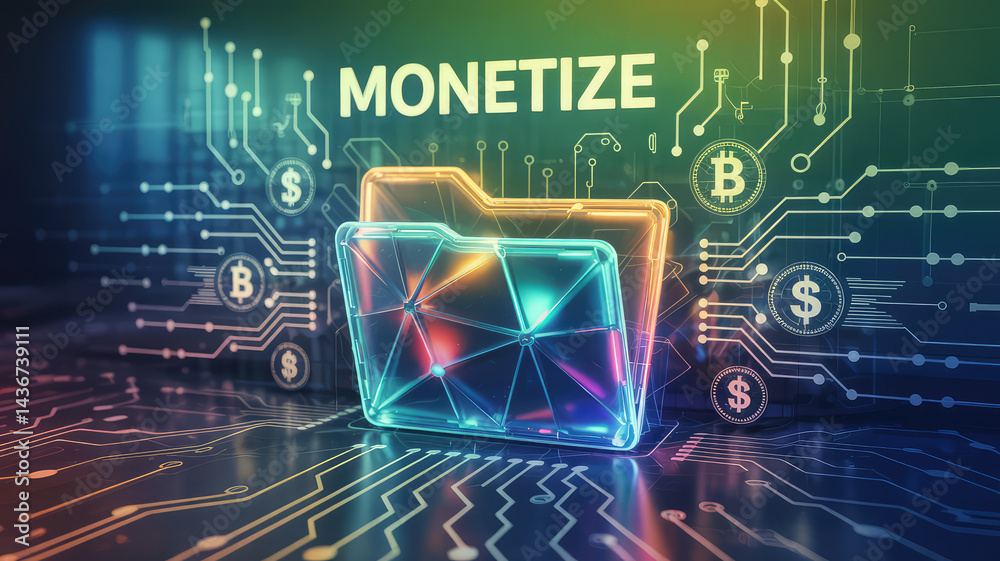 Monetize Digital Assets: A vibrant, neon-lit folder icon symbolizes the ...