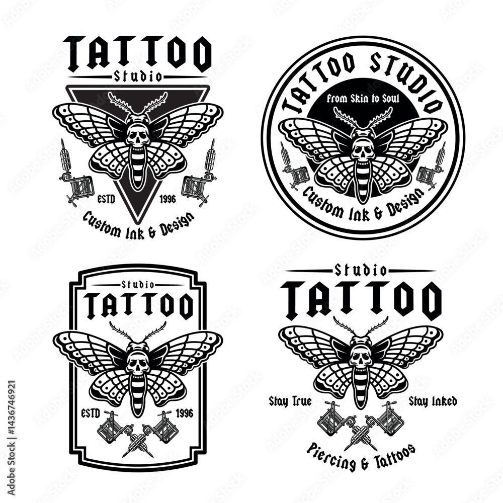 Vintage tattoo studio set of emblems with moth and tattoo machine ...