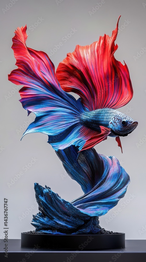 Vibrant betta fish sculpture with flowing red and blue fins, creating a ...